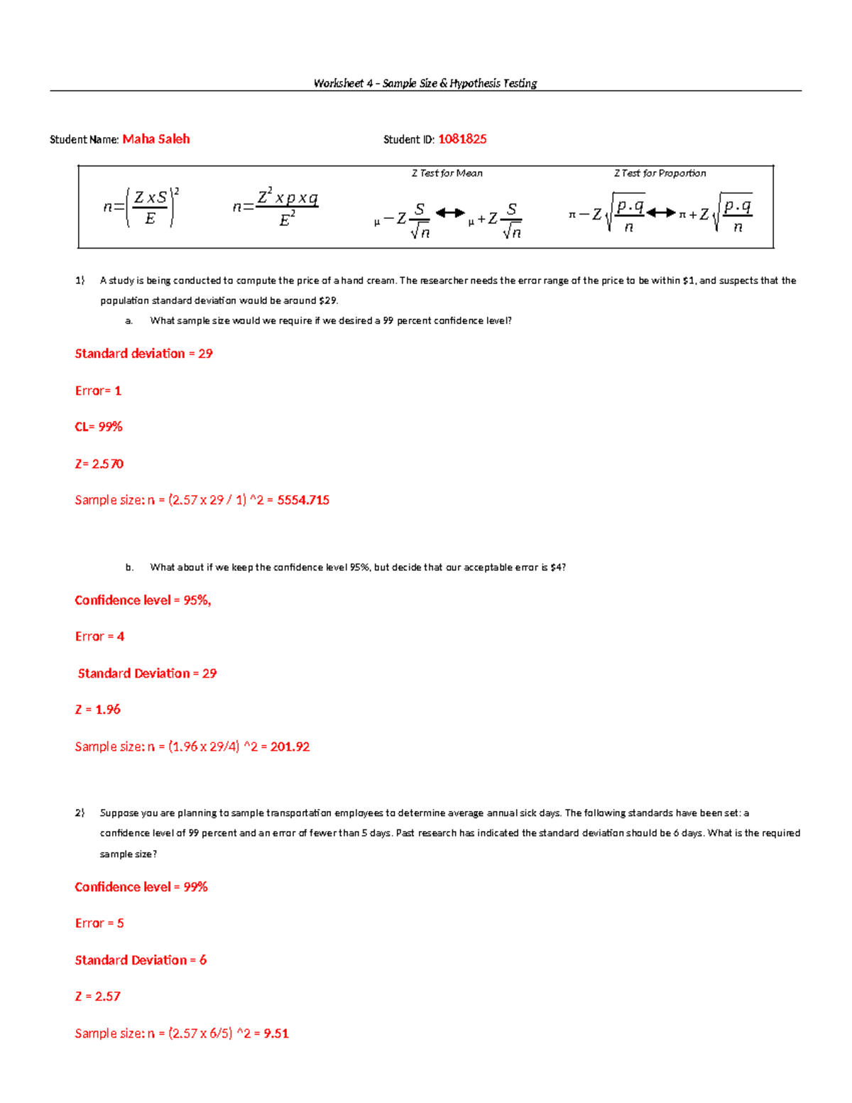 Worksheet 4. Sample Size - Worksheet 4 – Sample Size & Hypothesis ...