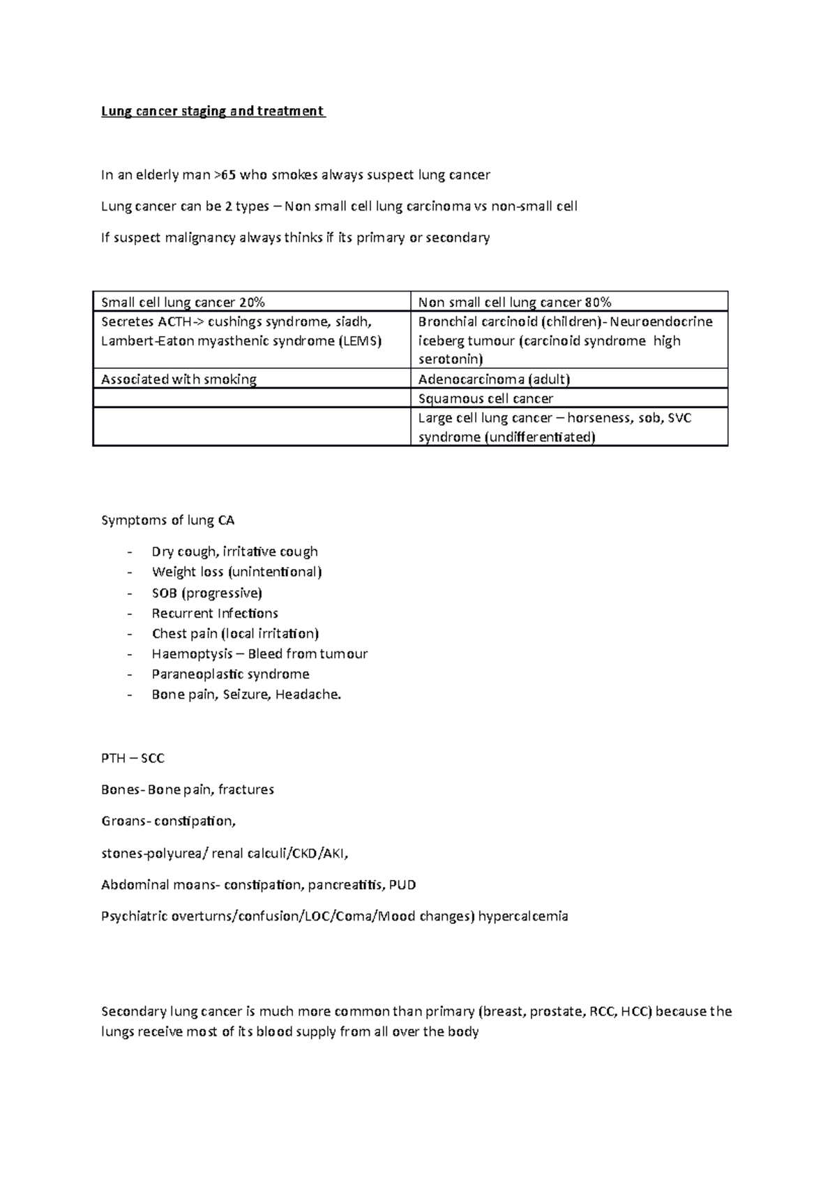 Lung cancer staging and treatment - PTH – SCC Bones- Bone pain ...