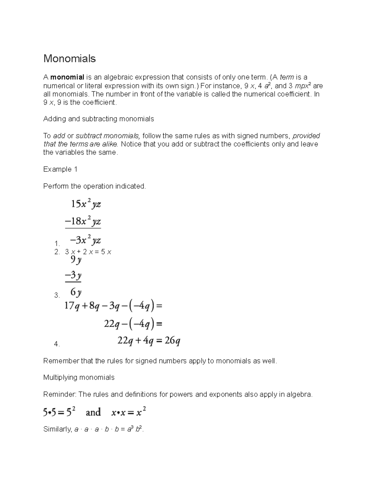 Monomials - detailed notes - Monomials A monomial is an algebraic ...