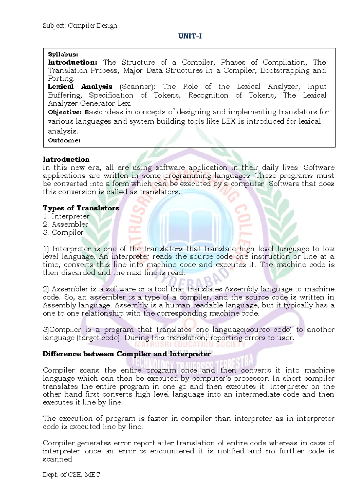 Unit-1 Notes - UNIT-I Introduction In this new era, all are using ...
