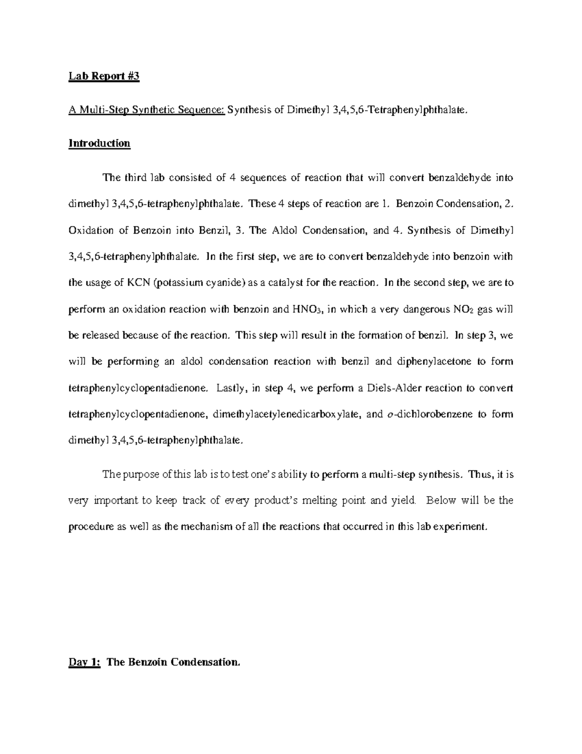 CHEM 22500 - 27 Lab Report #3 - Multi Step Synthesis - Lab Report # A ...