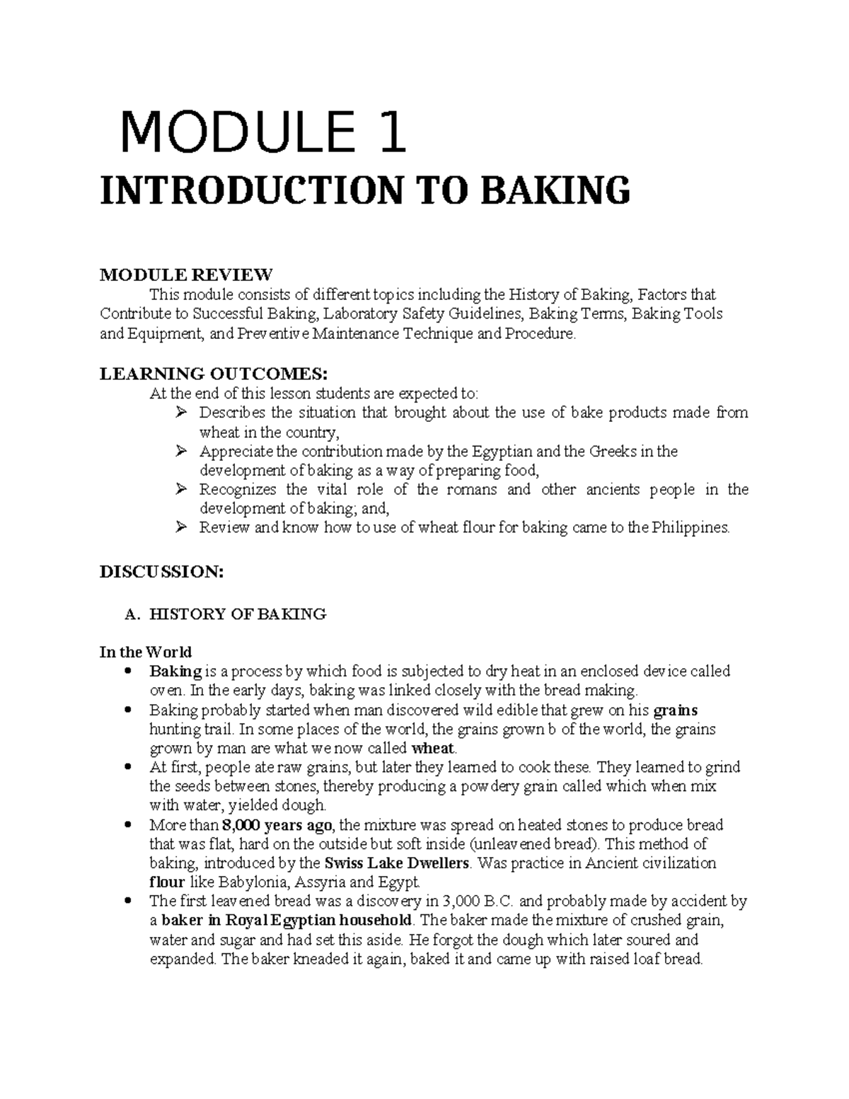 basic bakinng Modules - MODULE 1 INTRODUCTION TO BAKING MODULE REVIEW ...