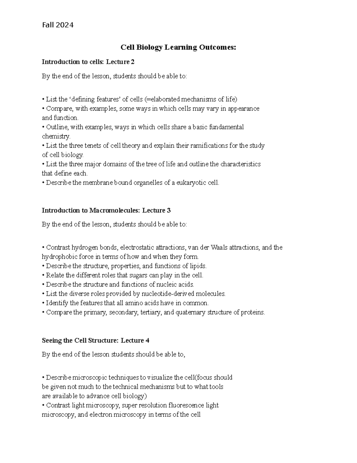 Cell Biology Learning Outcomes - Cell Biology Learning Outcomes ...