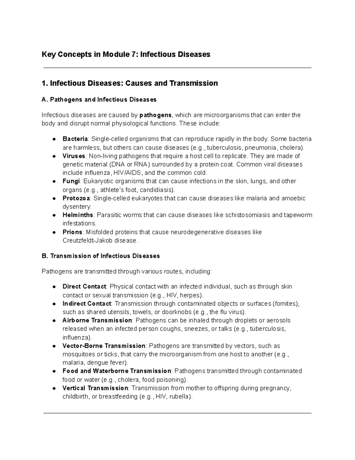 Biology Mod 7 and MOd 8notes - Key Concepts in Module 7: Infectious ...