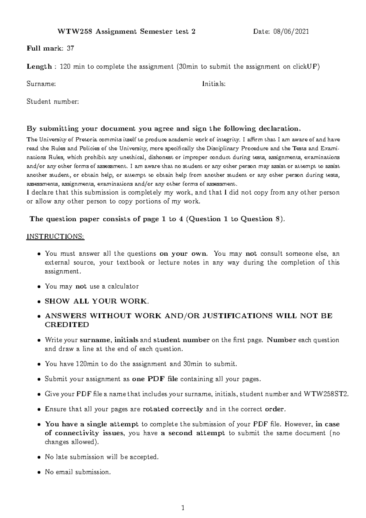 WTW258 2021 S02 - WTW258 Assignment Semester test 2 Date: 08/06/ Full ...