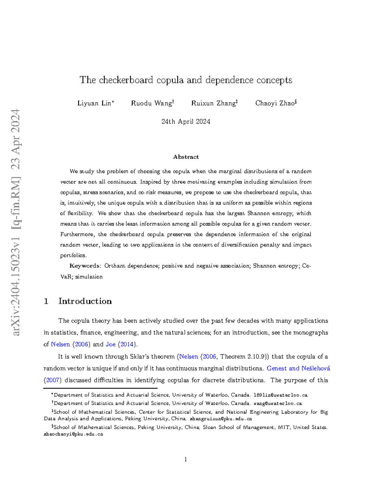 2404 - The checkerboard copula and dependence concepts By Liyuan Lin, Ruodu Wang, - arXiv:2404 ...