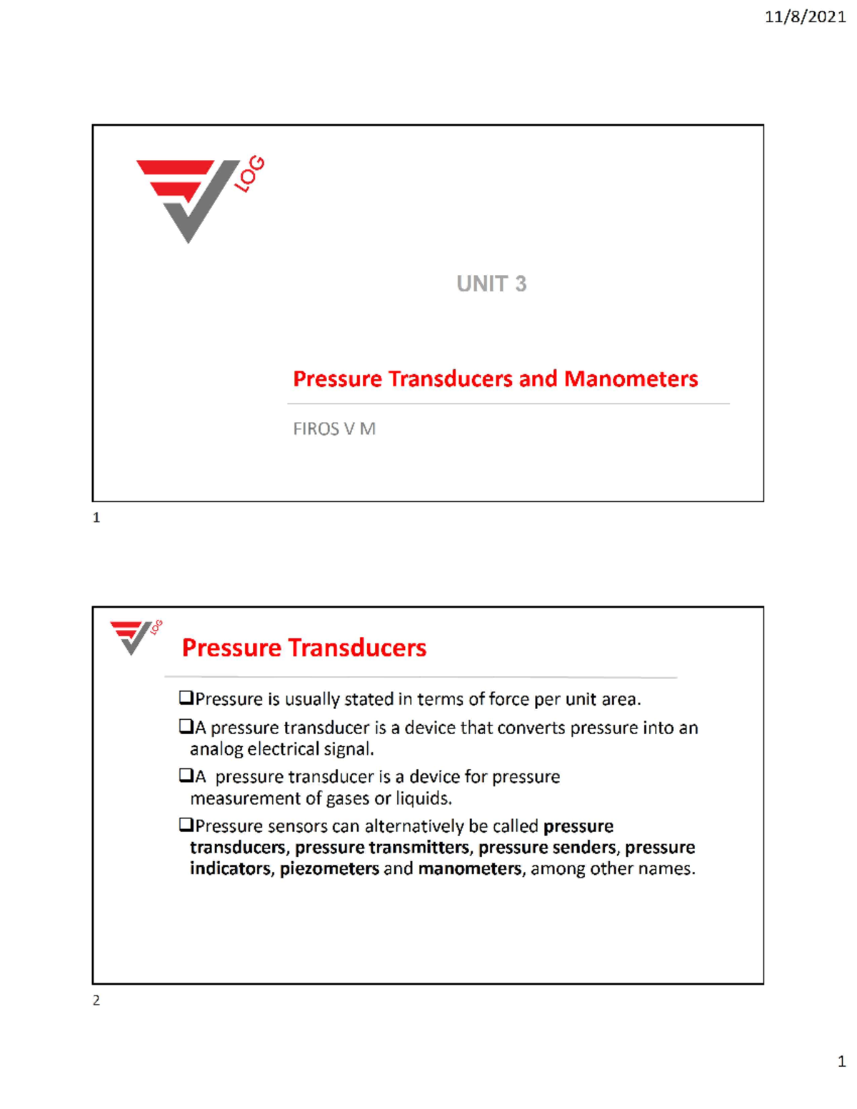 Senosors Module 3 - UNIT 3 Pressure Transducers and Manometers FIROS V ...