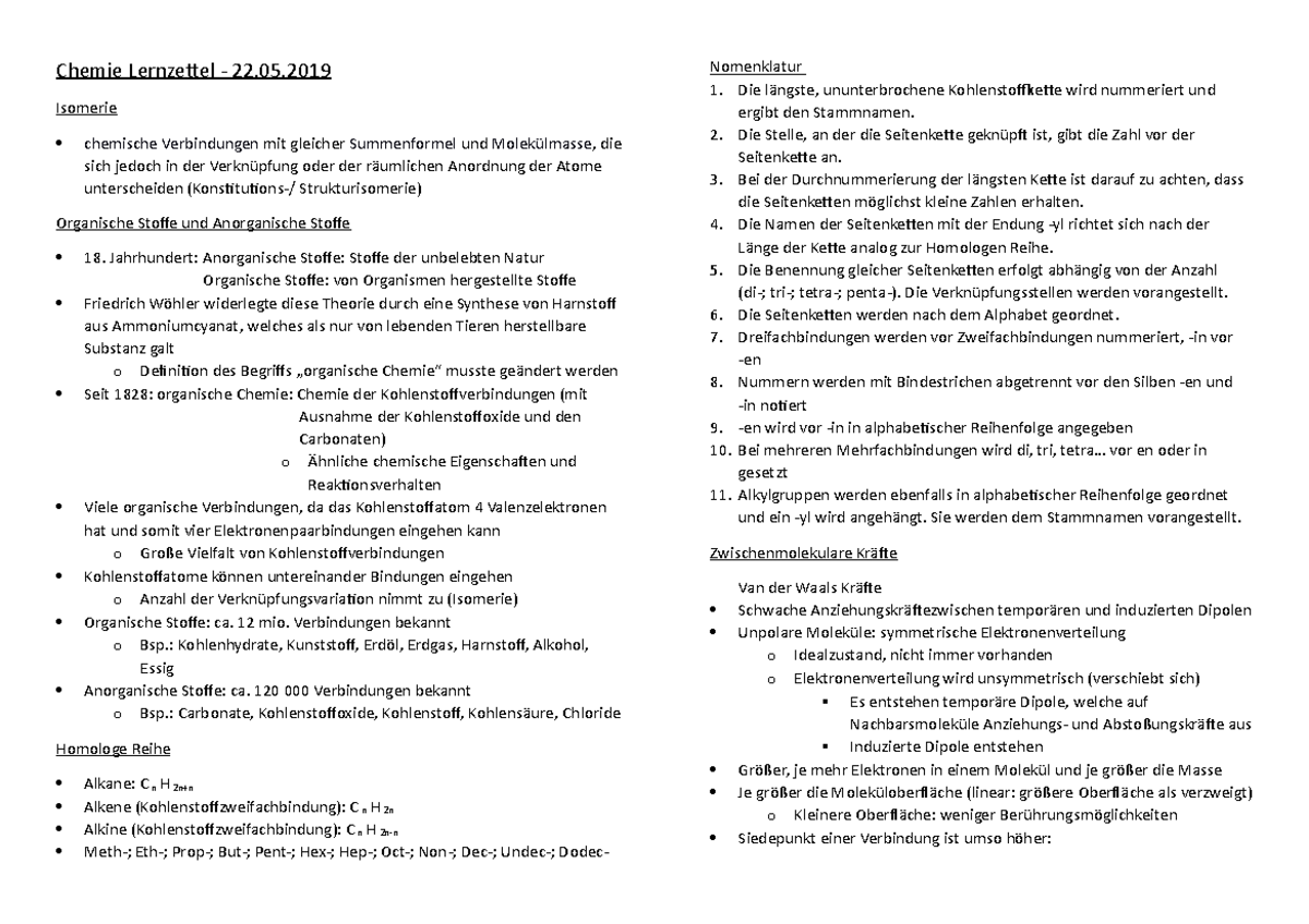 Chemie Lernzettel - Isomerie chemische Verbindungen mit gleicher ...