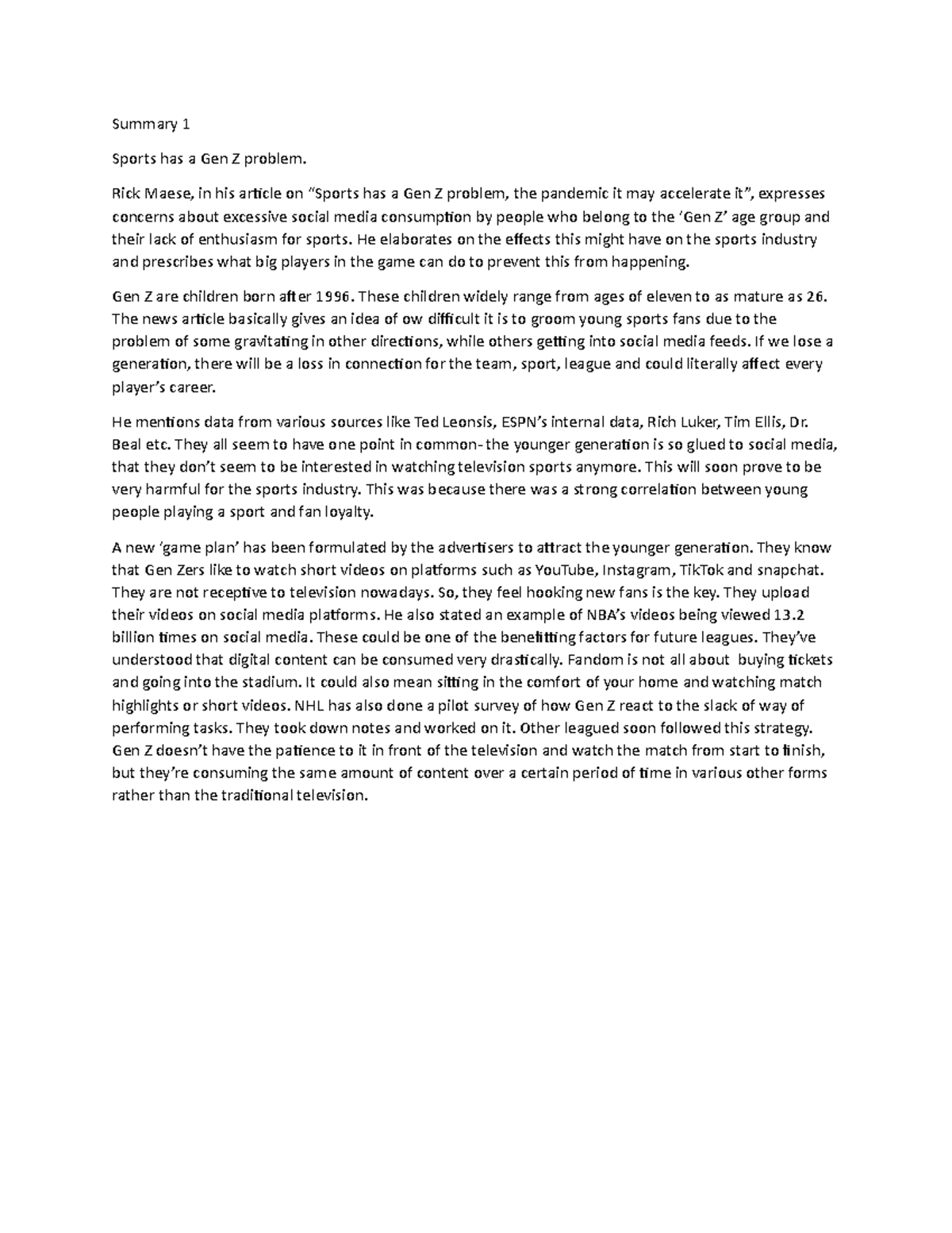 Millenial Generation 2 - Summary 1 Sports has a Gen Z problem. Rick ...