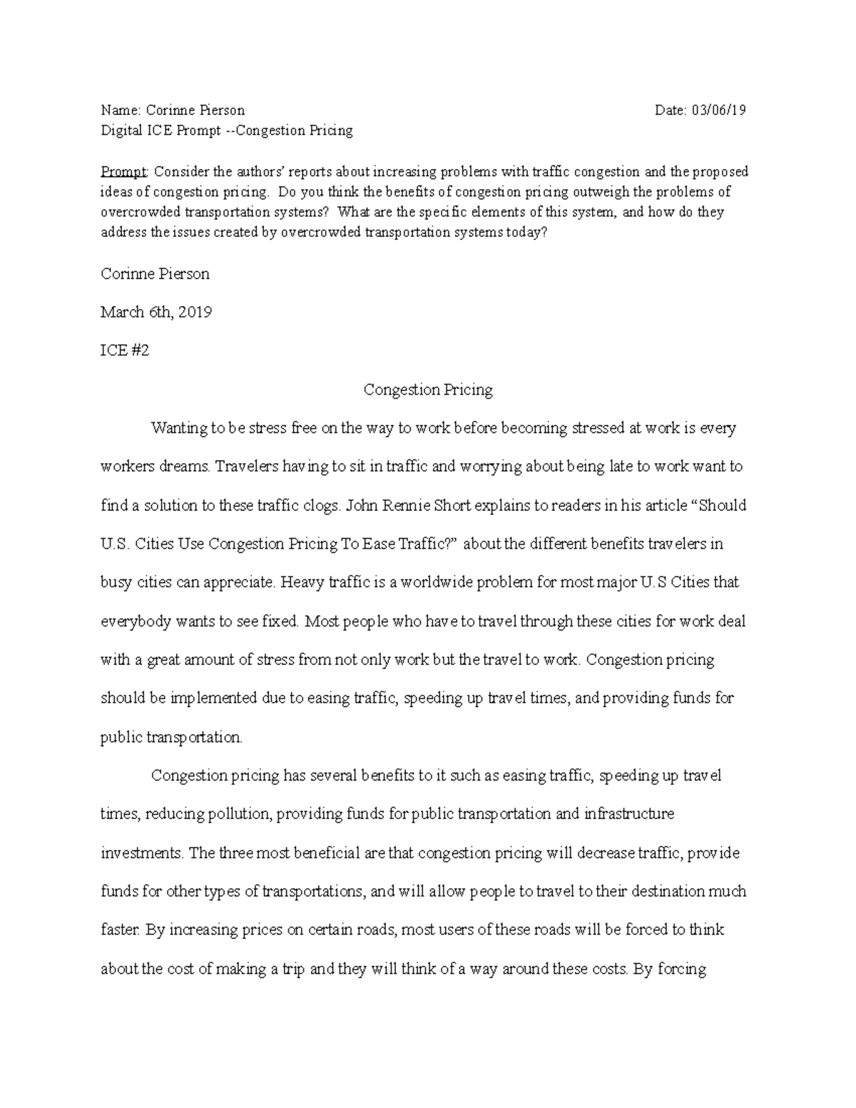 ICE #2- Congestion Pricing - Name: Corinne Pierson Date: 03/06/ Digital ...