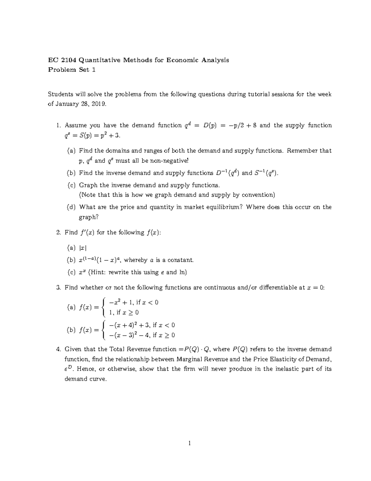 Problem Set 1 - EC 2104 Quantitative Methods for Economic Analysis ...
