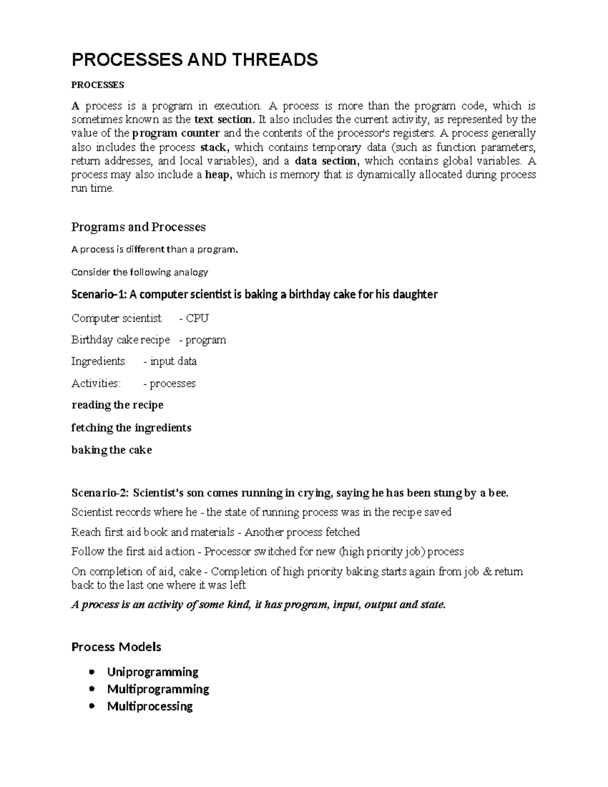 Os Lec 4 Process - sdkjffrjfdj - PROCESSES AND THREADS PROCESSES A process is a program in - Studocu