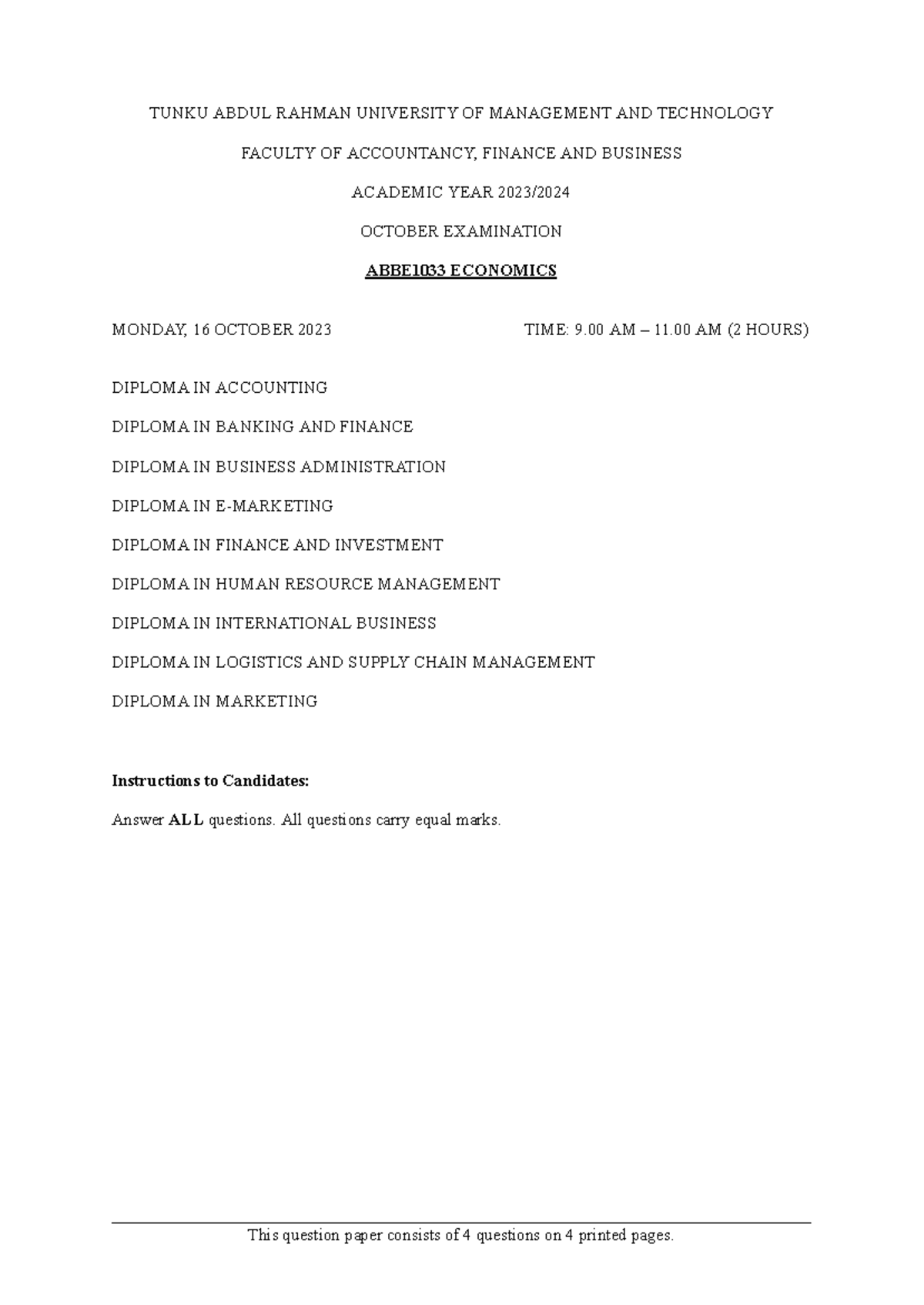 ABBE1033 PYQ (Oct 2023) - TUNKU ABDUL RAHMAN UNIVERSITY OF MANAGEMENT ...