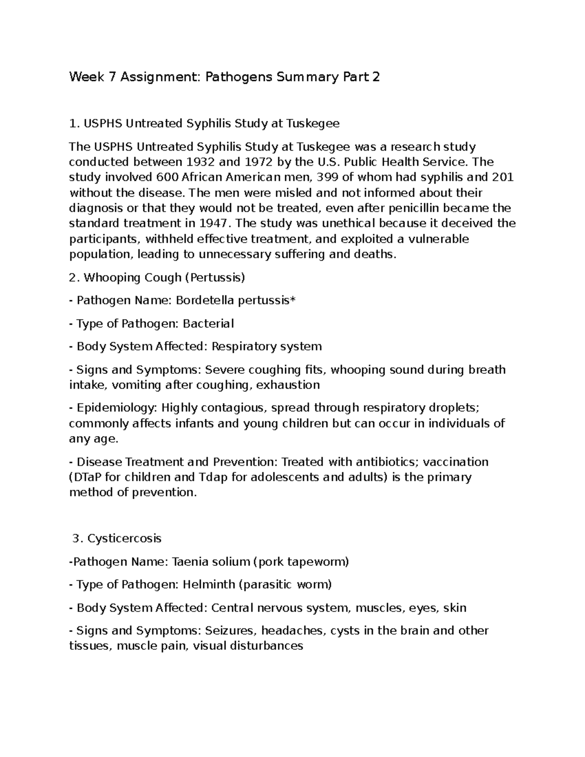 Week 7 Assignment Pathogens Summary Part 2 copy - USPHS Untreated Syphilis Study at Tuskegee The ...