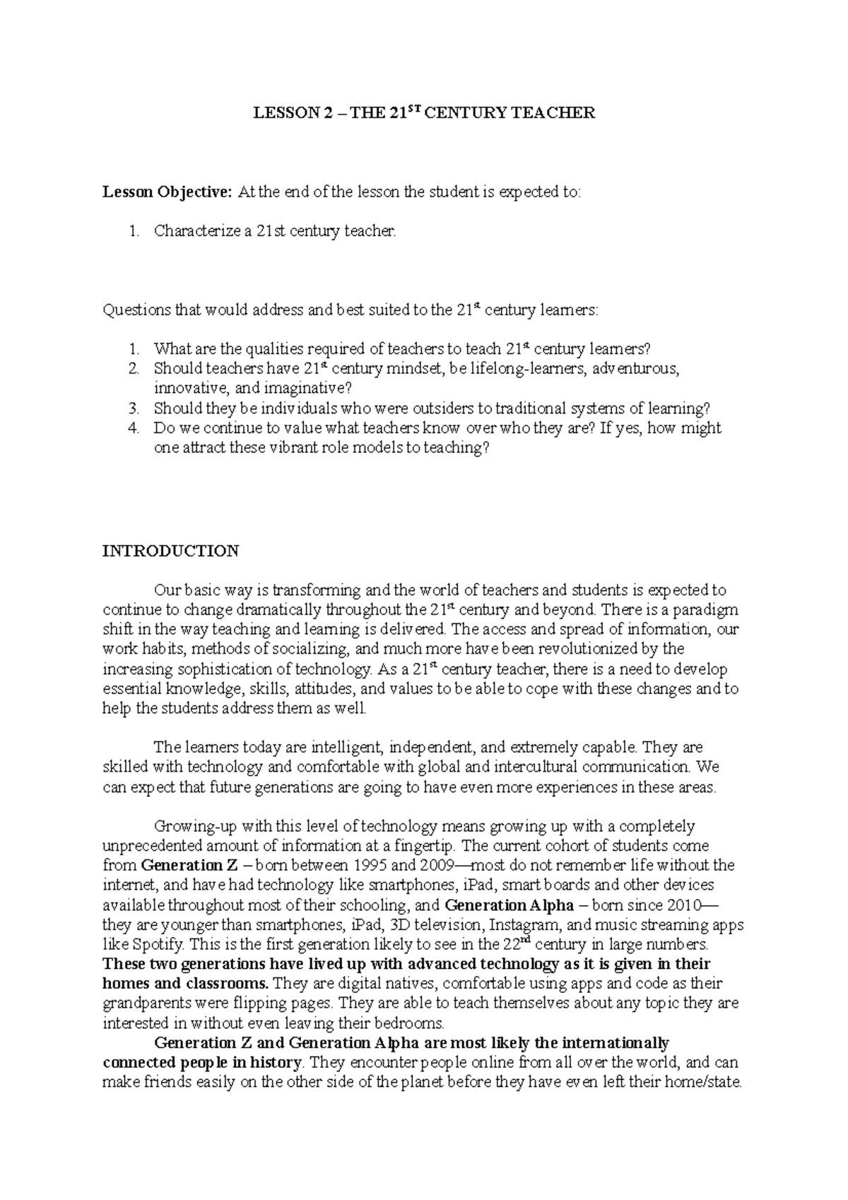 Chapter 2 Lesson 2 21st Century Teacher - LESSON 2 – THE 21ST CENTURY ...