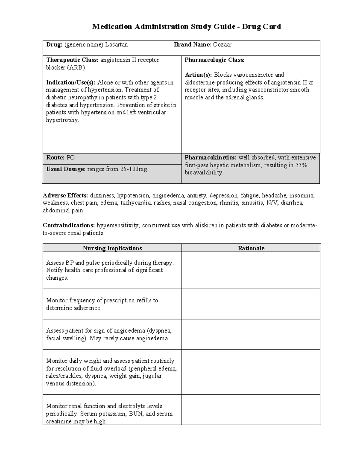 Losartan - Medication Sheet - Medication Administration Study Guide ...