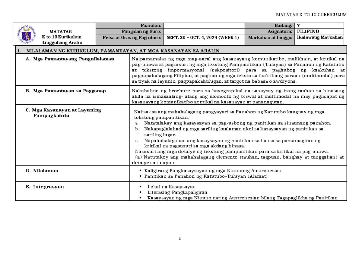 DLL Matatag Filipino 7 Q2 W1 - MATATAG K to 10 Kurikulum Lingguhang Aralin Paaralan: Baitang: 7 ...
