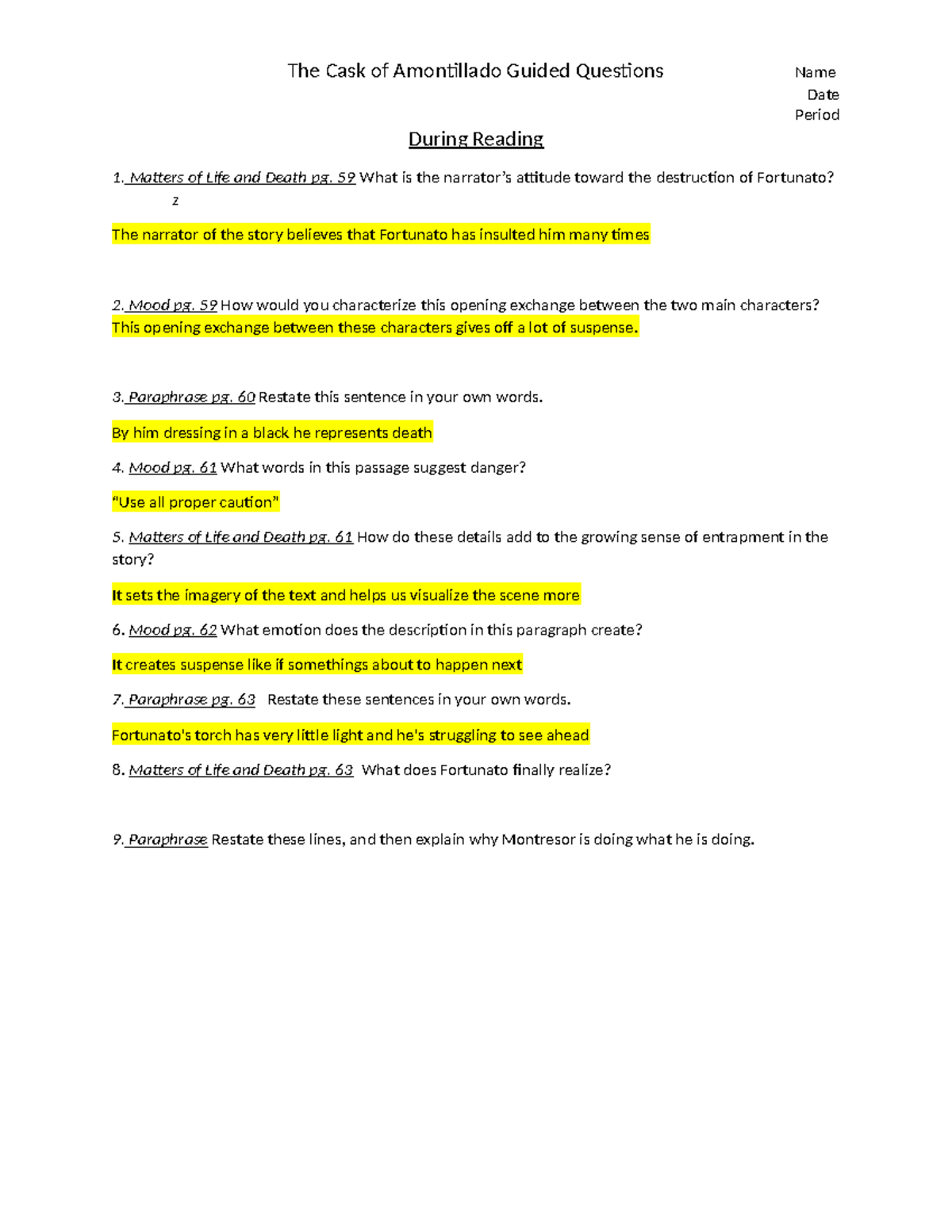 Brianna Sanchez - The Cask of Amontillado Guided Questions - 3996679 ...
