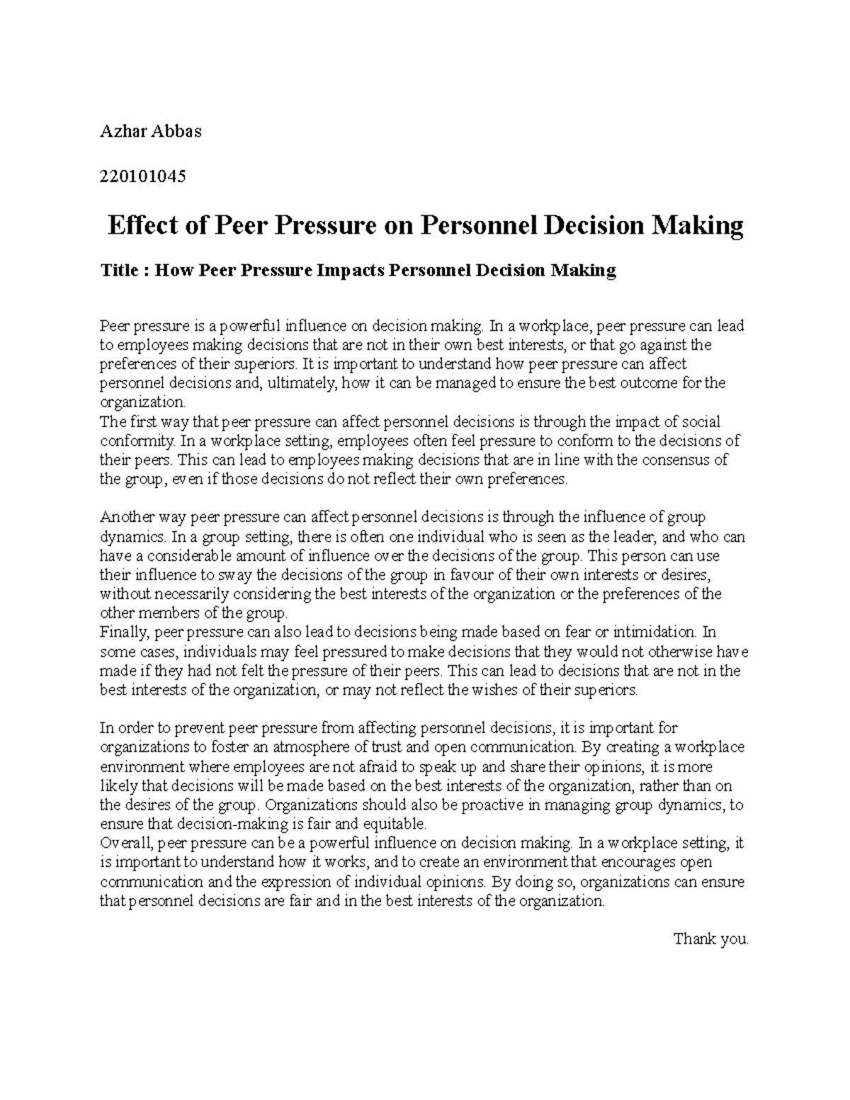 Effect of Peer Pressure on Personnel Decision Making - Azhar Abbas ...