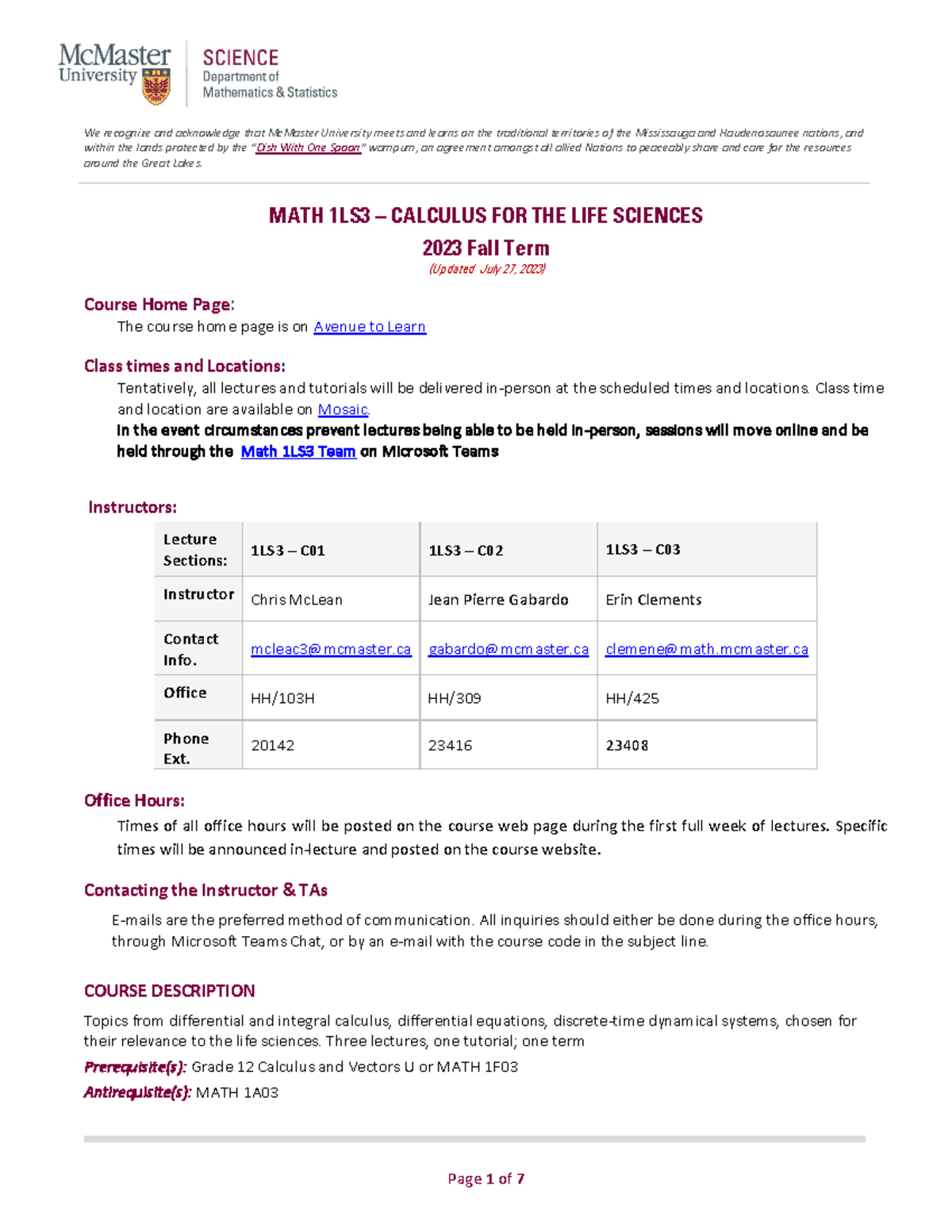 MATH-1LS3 - Fall 23 - Course Outline - We recognize and acknowledge ...