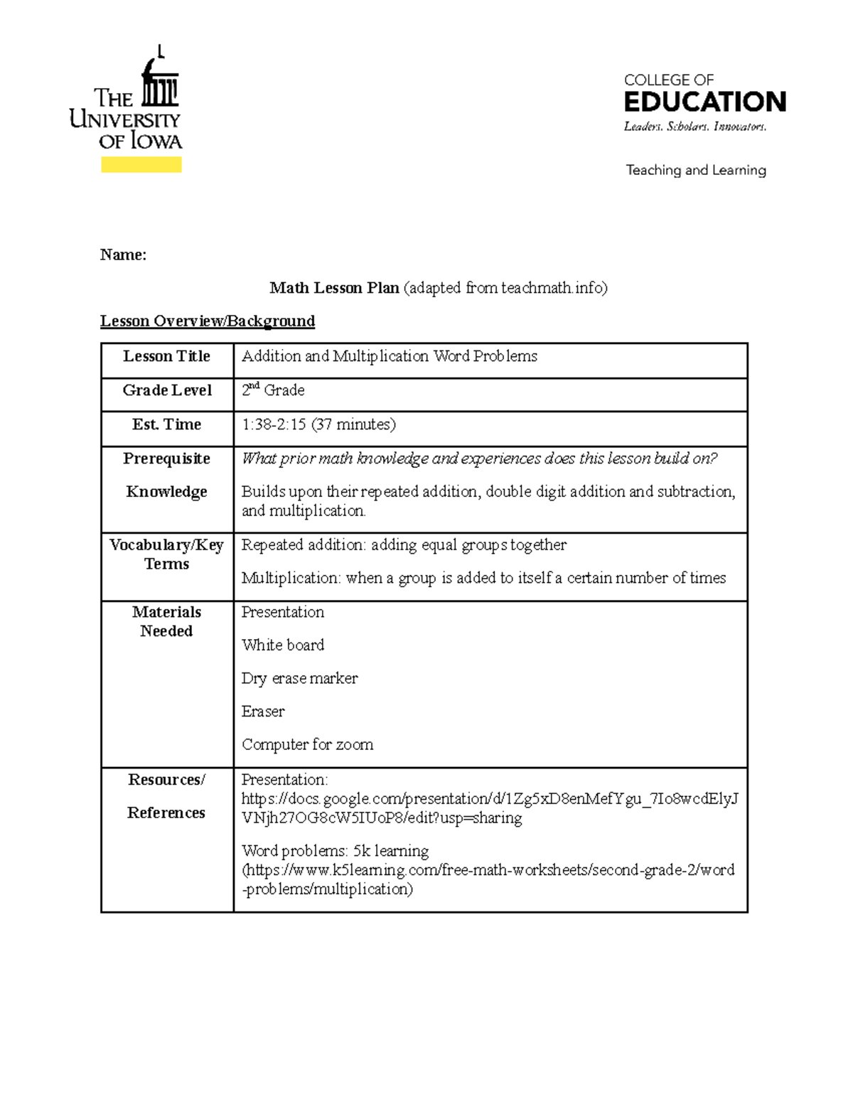 Addition and Multiplication Lesson Plan - Name: Math Lesson Plan ...