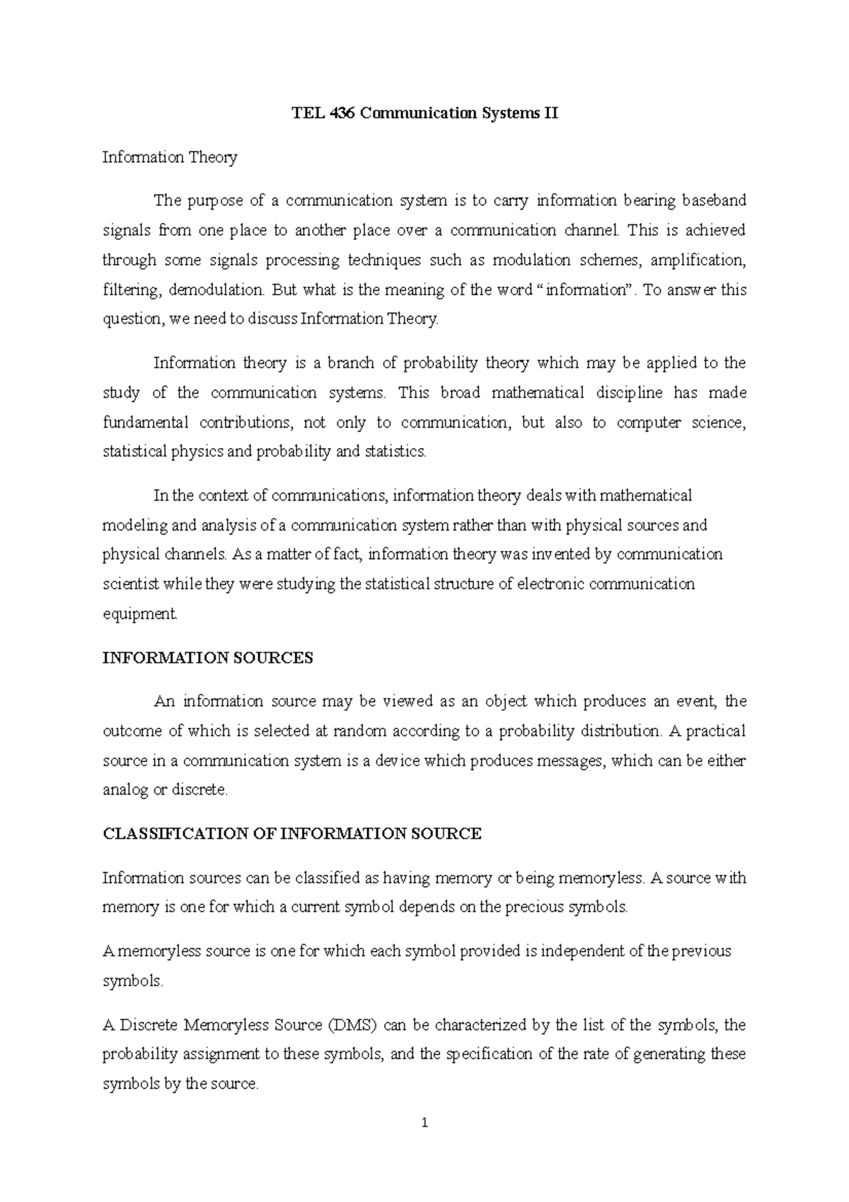 TEL 436 Comm Systems II Part 1 - Information Theory - TEL 436 Communication Systems II ...