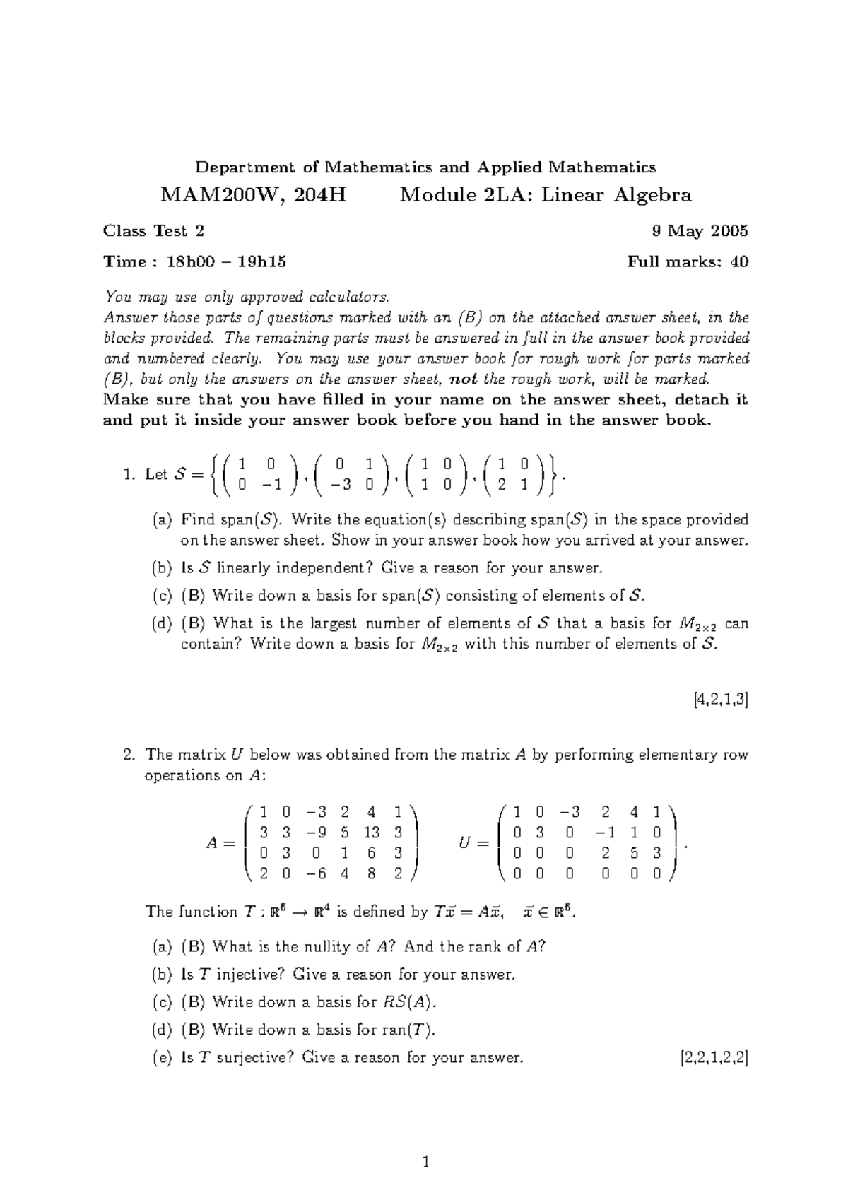 Test 2 2005 - Department of Mathematics and Applied Mathematics MAM200W ...