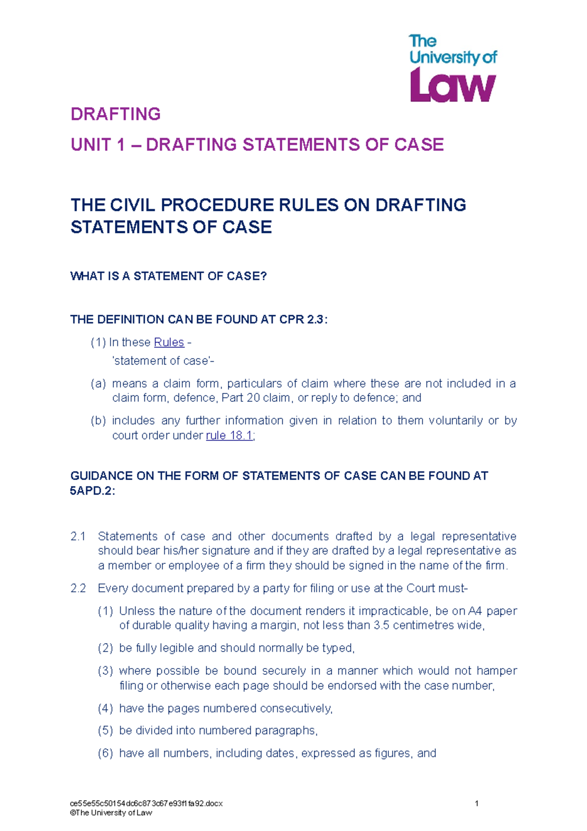 Civil skills unit 1- drafting statements of case - DRAFTING UNIT 1 ...