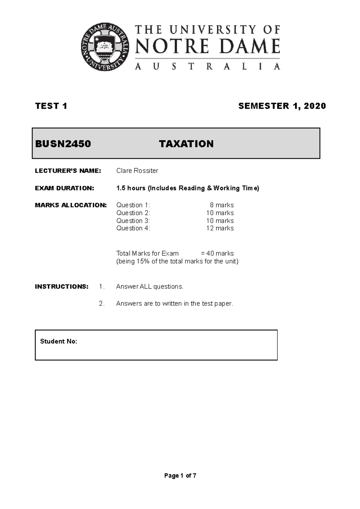 Test 1 January 2020 - TEST 1 SEMESTER 1, 2020 BUSN2450 TAXATION ...