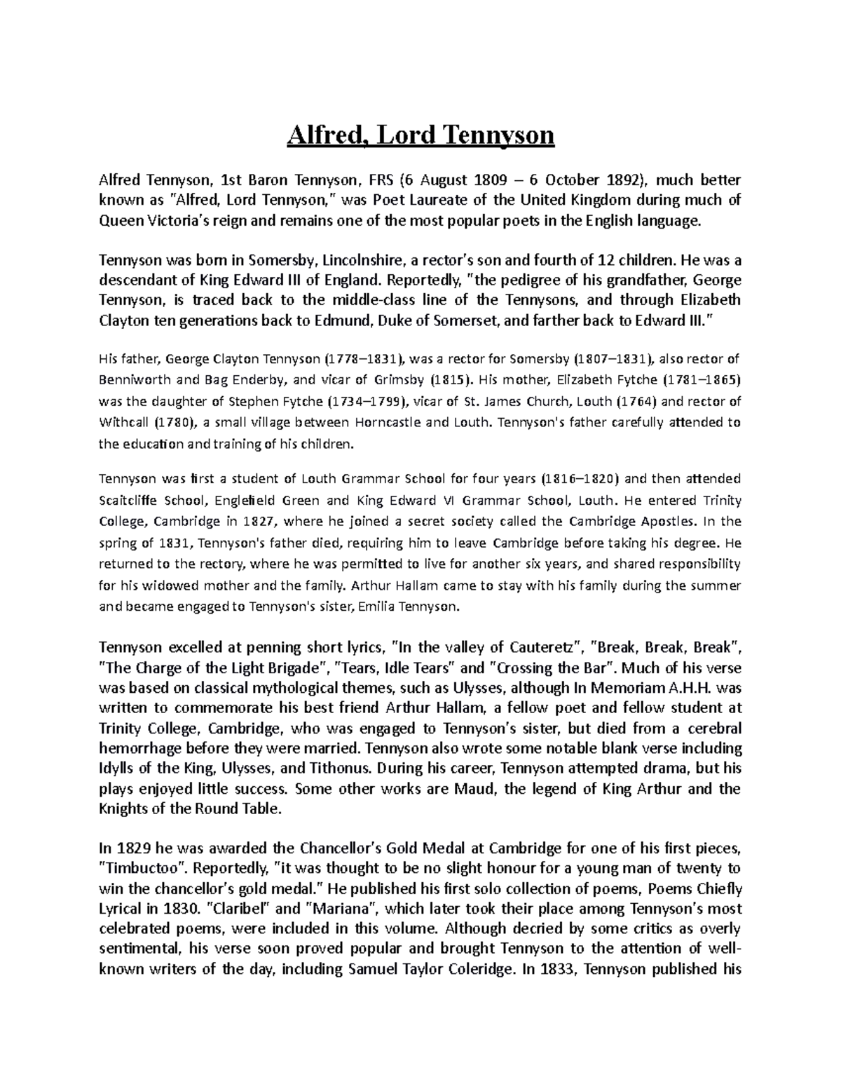 Alfred,Lord Tennyson - Summary - Alfred, Lord Tennyson Alfred Tennyson ...