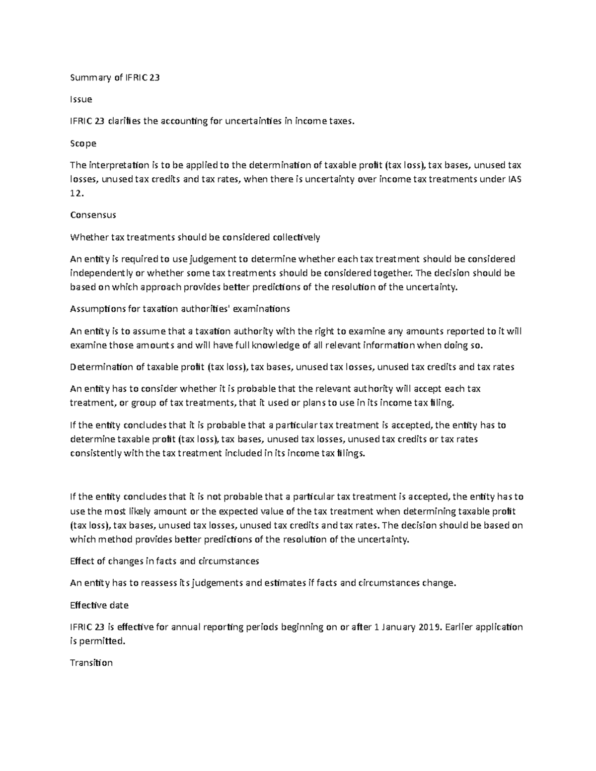 Ifric 23 - Lecture notes 23 - Summary of IFRIC 23 Issue IFRIC 23 ...