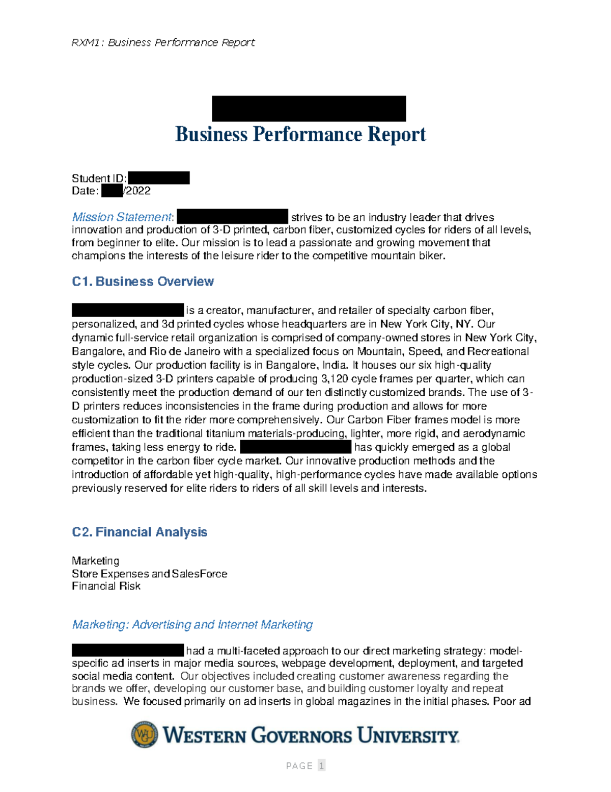 Business Performance Report Task 1 Excellence Award - RXM1: Business ...