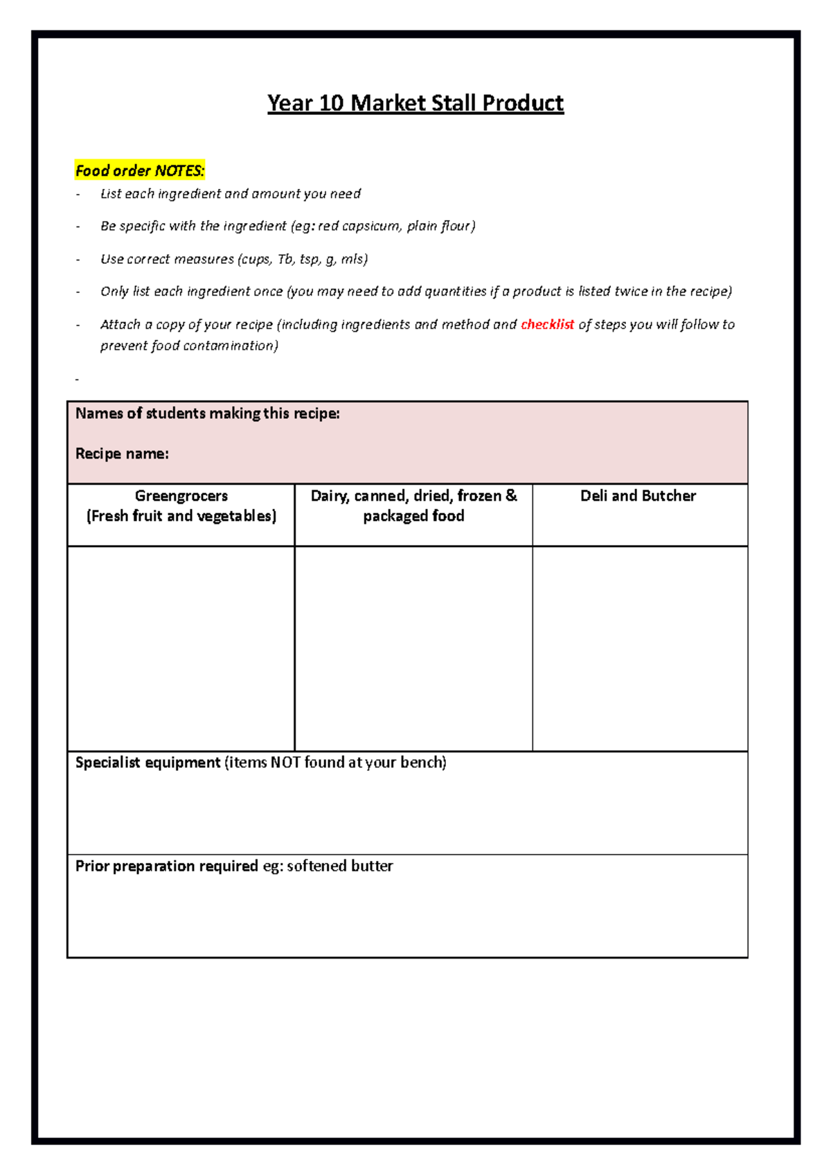 Food Order Template - The good - Year 10 Market Stall Product Food ...