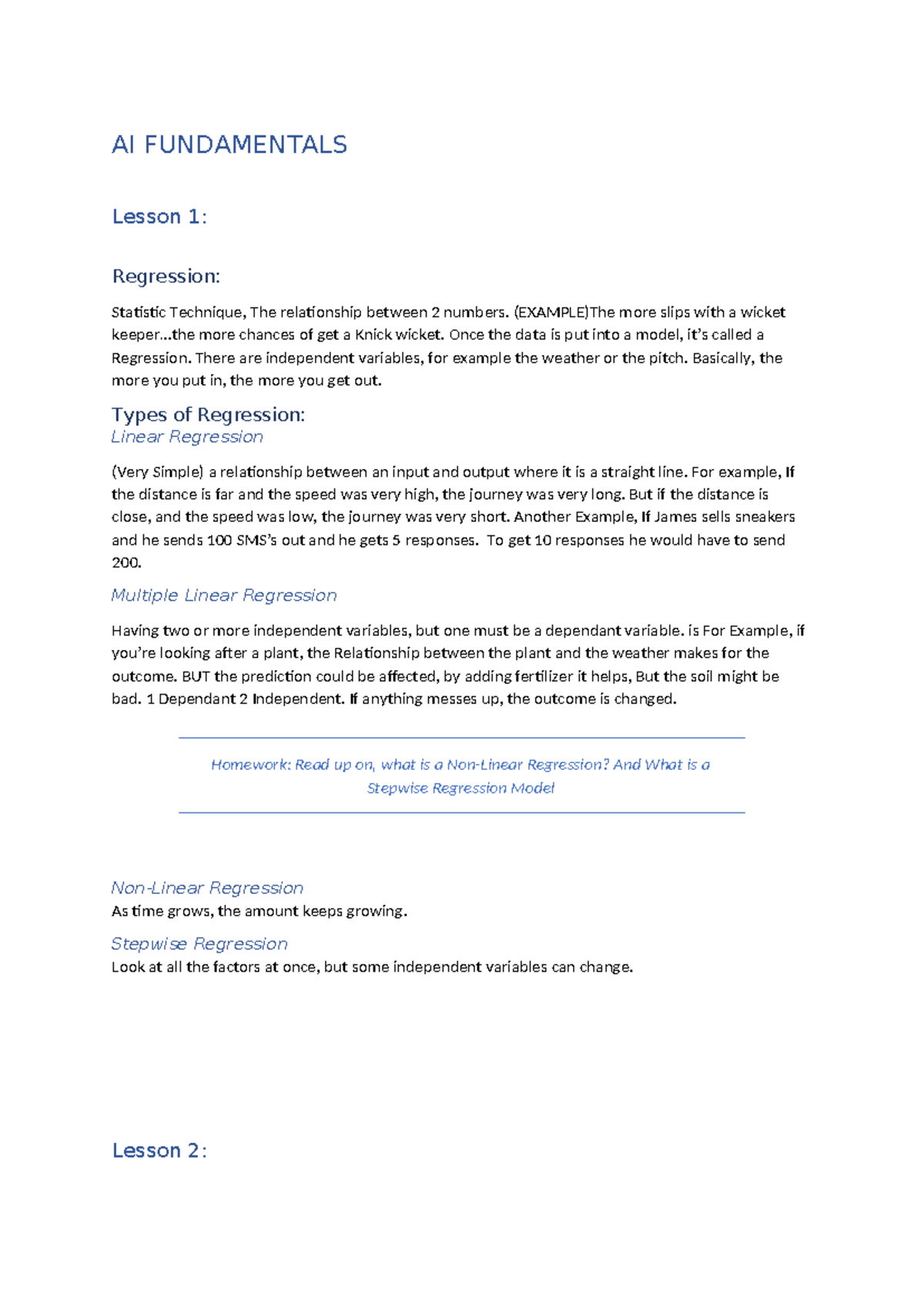 AI Fundamentals - Summary Cloud Computing - AI FUNDAMENTALS Lesson 1: Regression: Statistic ...