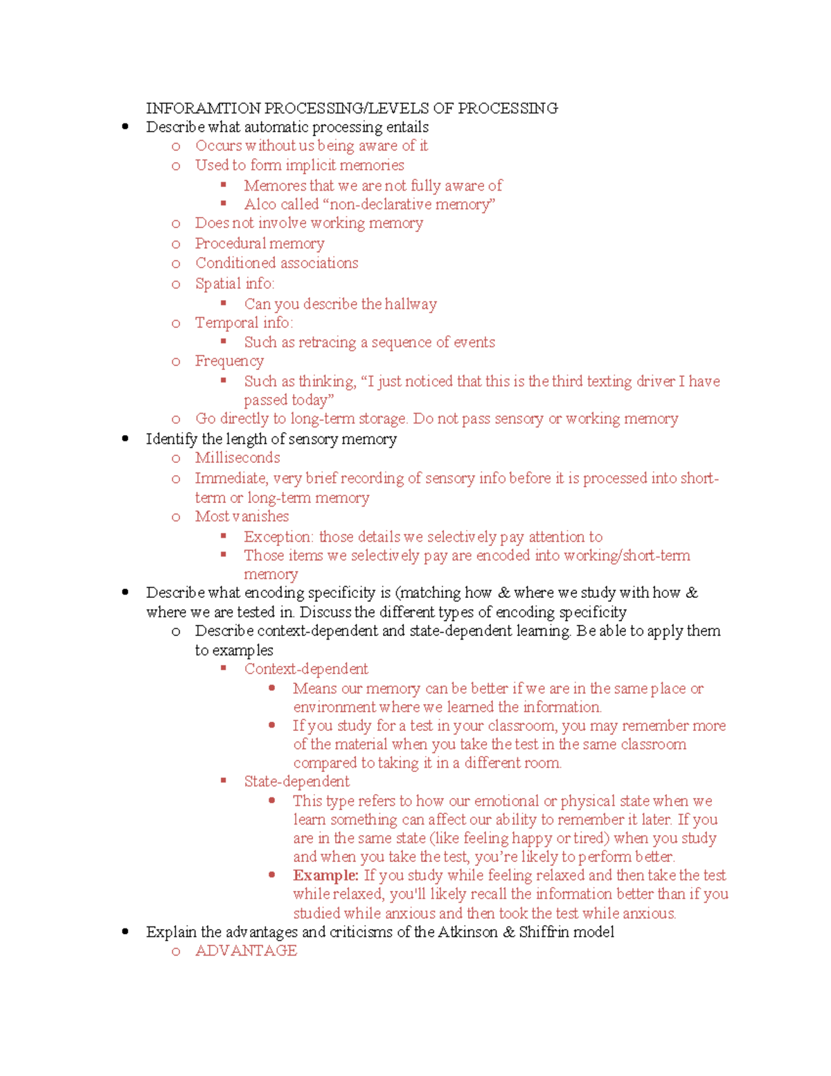 Psych 3700 Exam 2 study guide - INFORAMTION PROCESSING/LEVELS OF ...