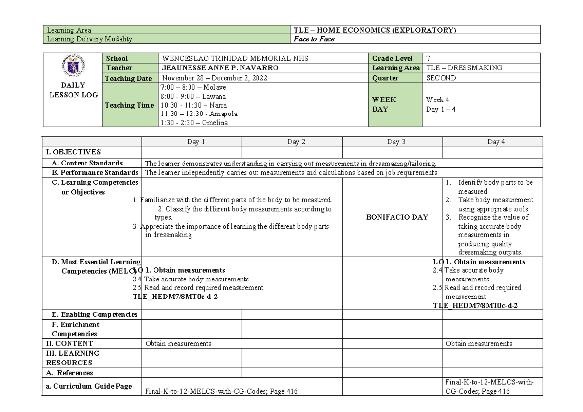 Week 4 - Day 1-4 - Plan for Week 4 - Learning Area TLE – HOME ECONOMICS ...