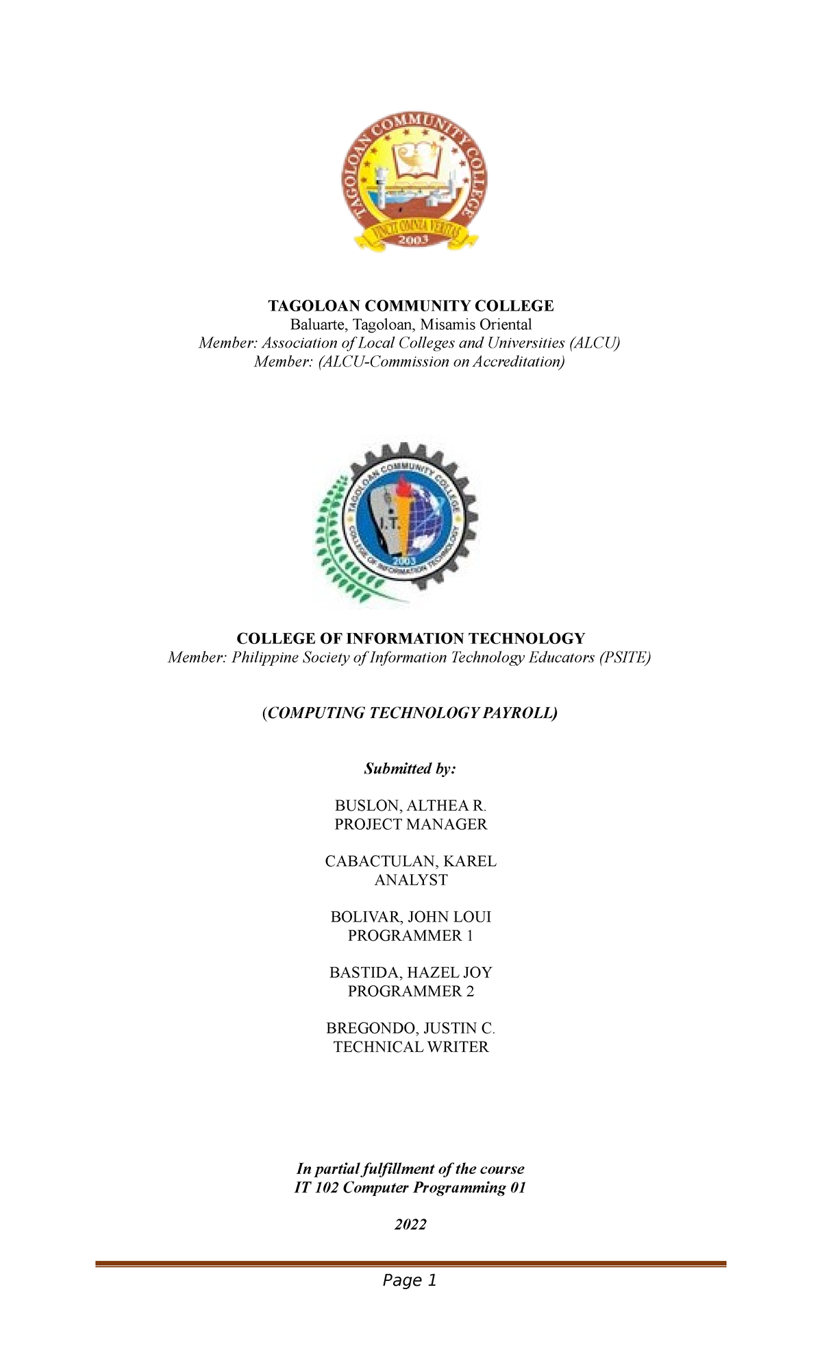 Computing Technology Payroll Group 2 - TAGOLOAN COMMUNITY COLLEGE ...