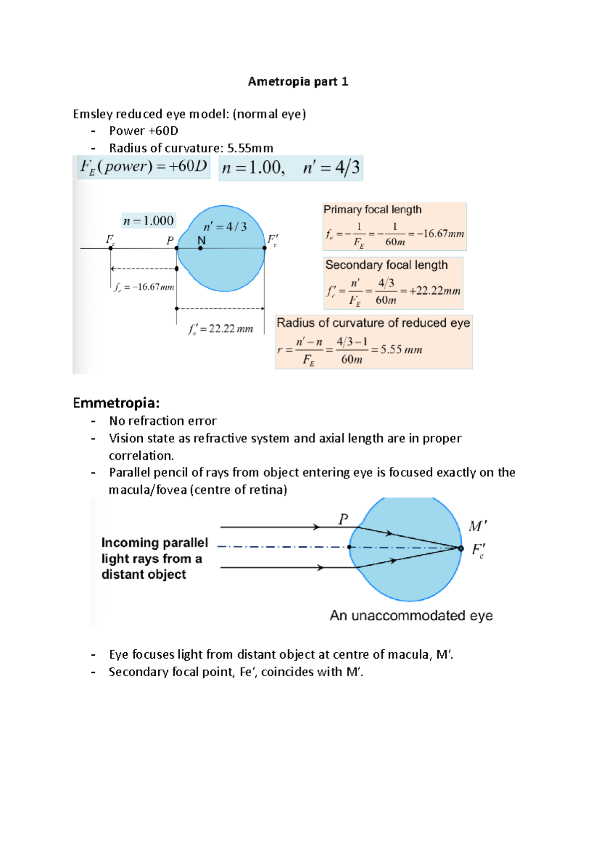 Ametropia Part 1 - Lecture notes 2 - Ametropia part 1 Emsley reduced ...