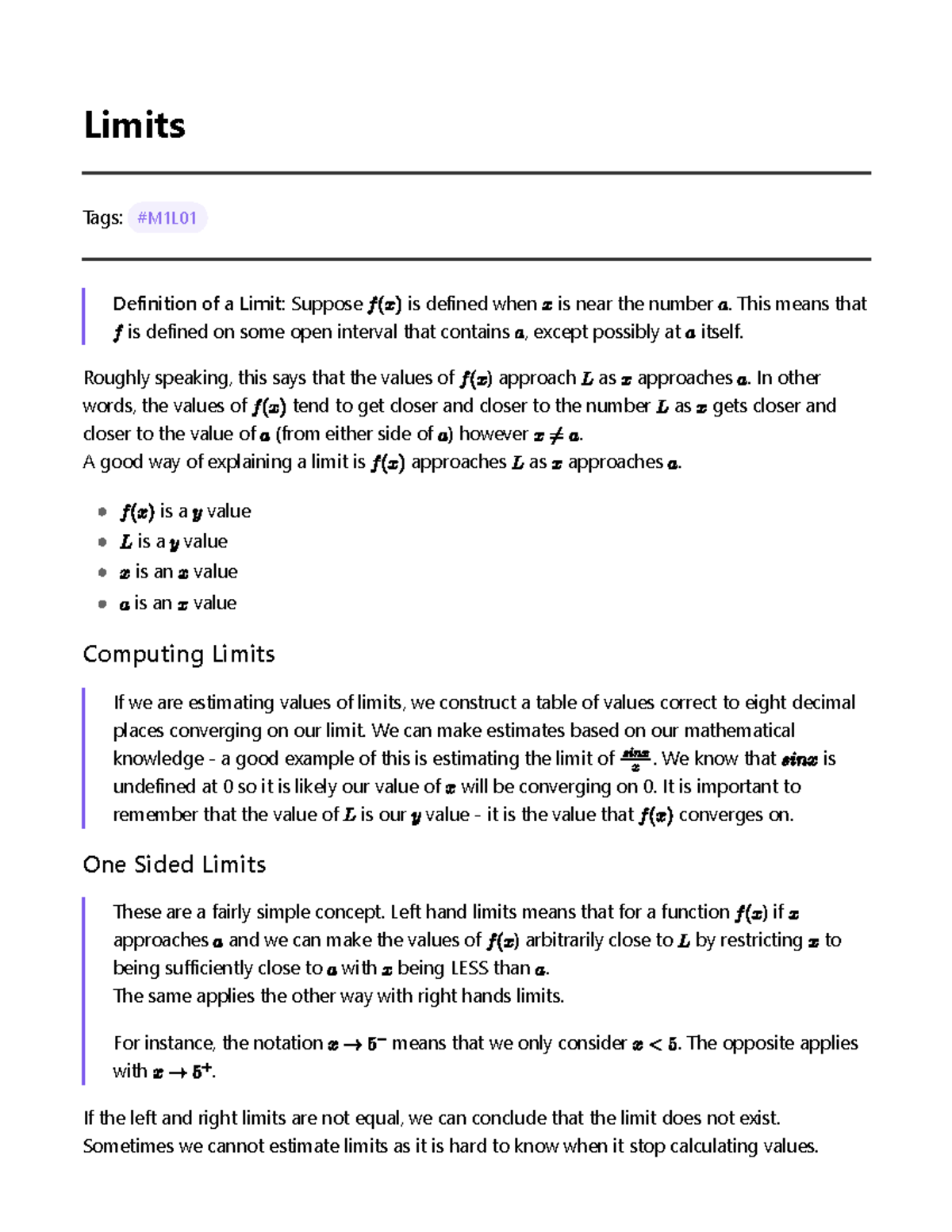 Maths 1 Sem 1 Notes - Summary Mathematics 1R - Limits Tags: #M1L ...