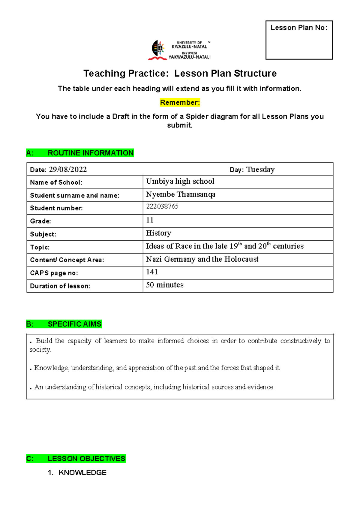 Assignment - Lesson PLAN ONE Thamsanqa Nyembe 222038765 - Teaching ...