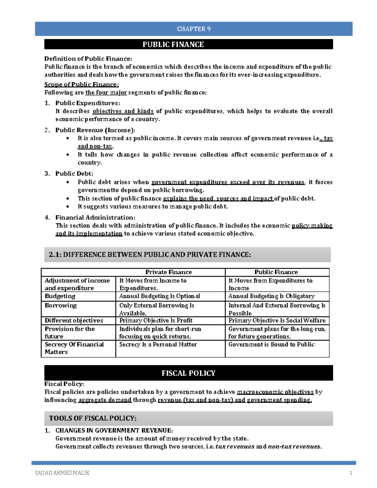 Chapter 9 - notes - 2: DIFFERENCE BETWEEN PUBLIC AND PRIVATE FINANCE ...