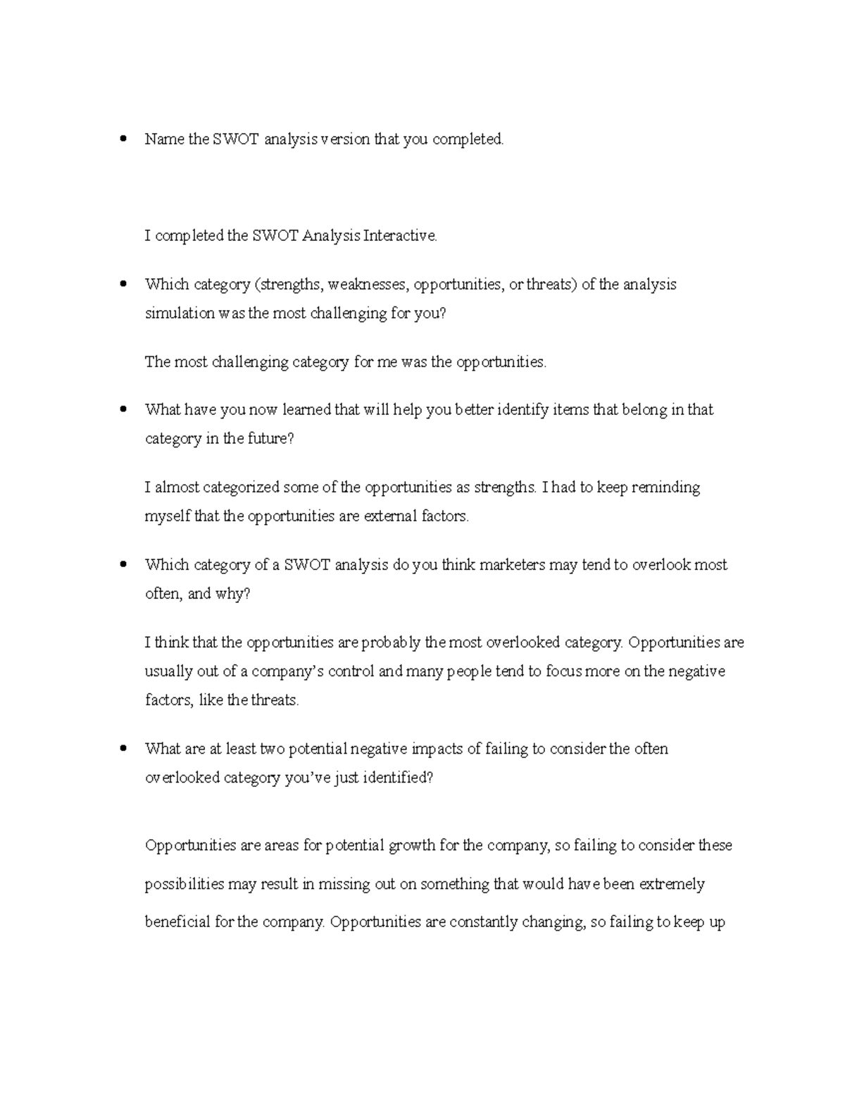 SWOT Reflection - Name the SWOT analysis version that you completed. I ...