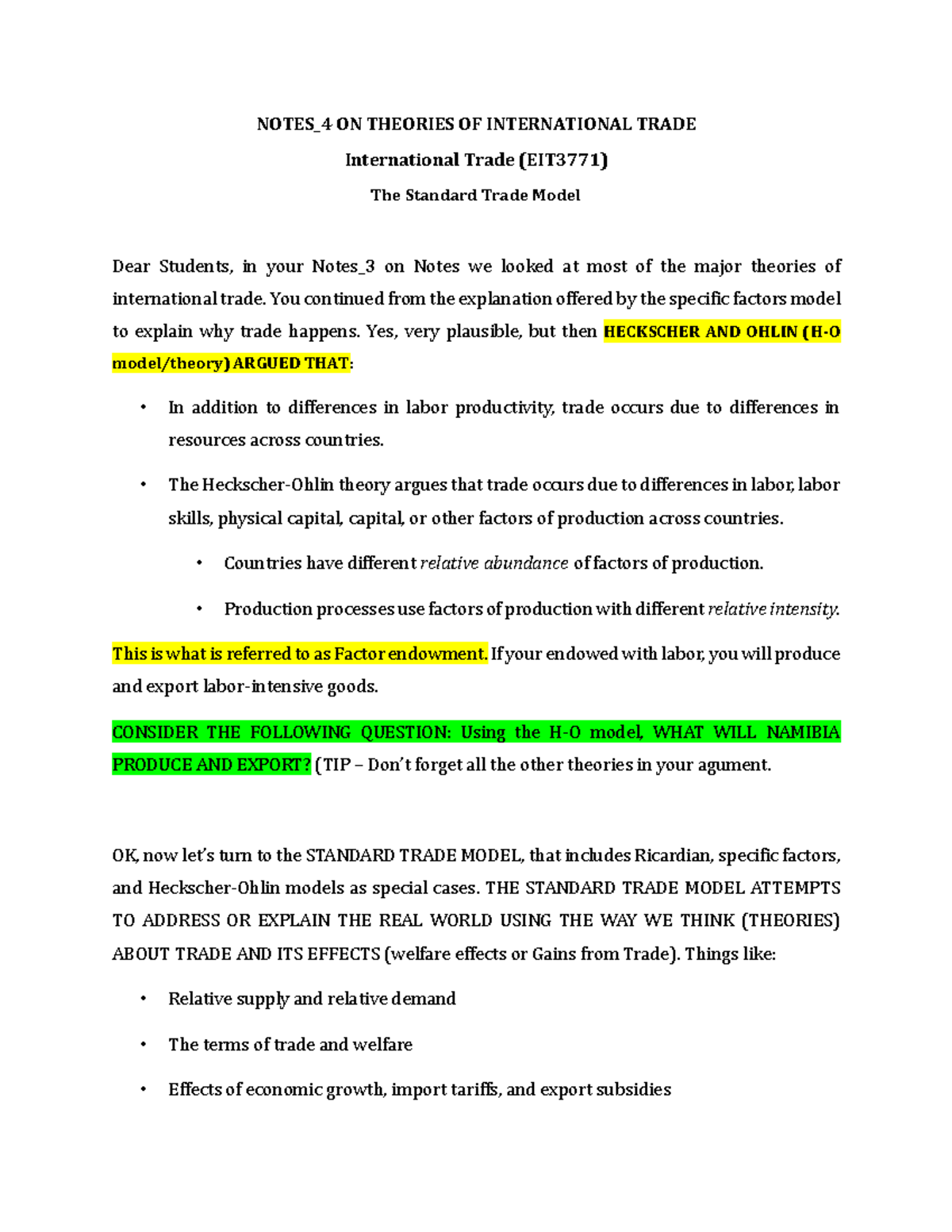 Notes on Notes Lecture 5 The Standard Trade Model - NOTES_4 ON THEORIES ...