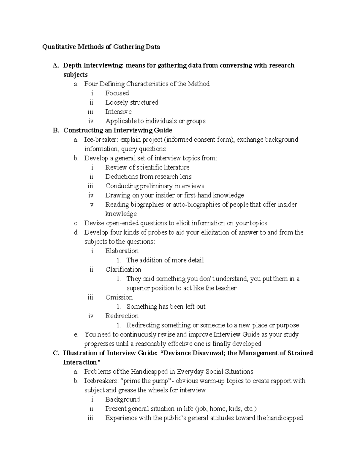 Qualitative methods notes - Qualitative Methods of Gathering Data A ...
