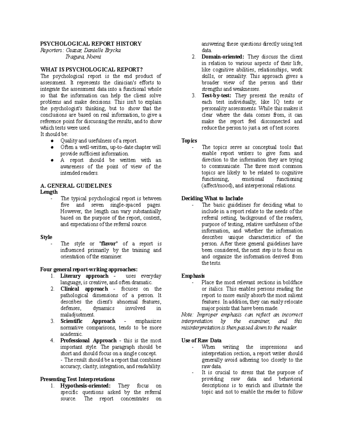 Psychological- Report - PSYCHOLOGICAL REPORT HISTORY Reporters: Ceazar ...