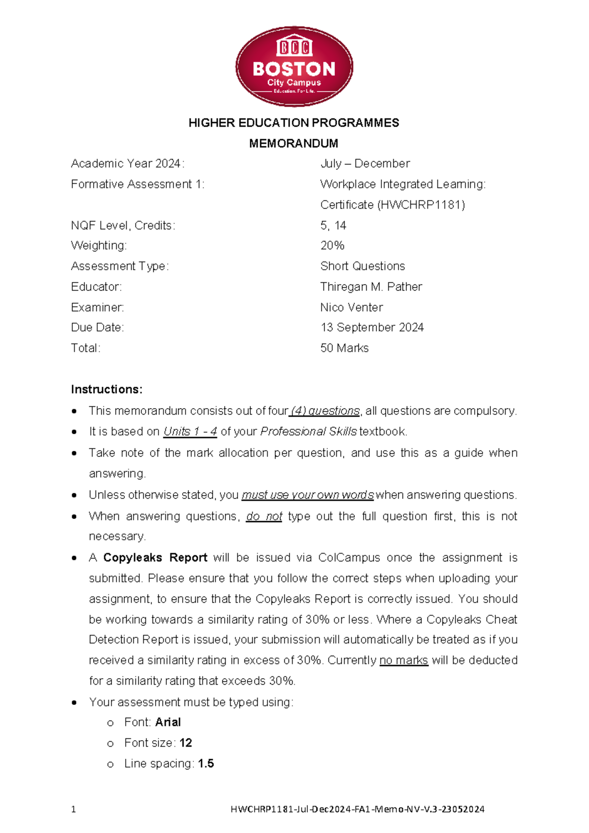H Wchrp 1181 Jul Dec2024 FA1 Memo NV V - HIGHER EDUCATION PROGRAMMES ...