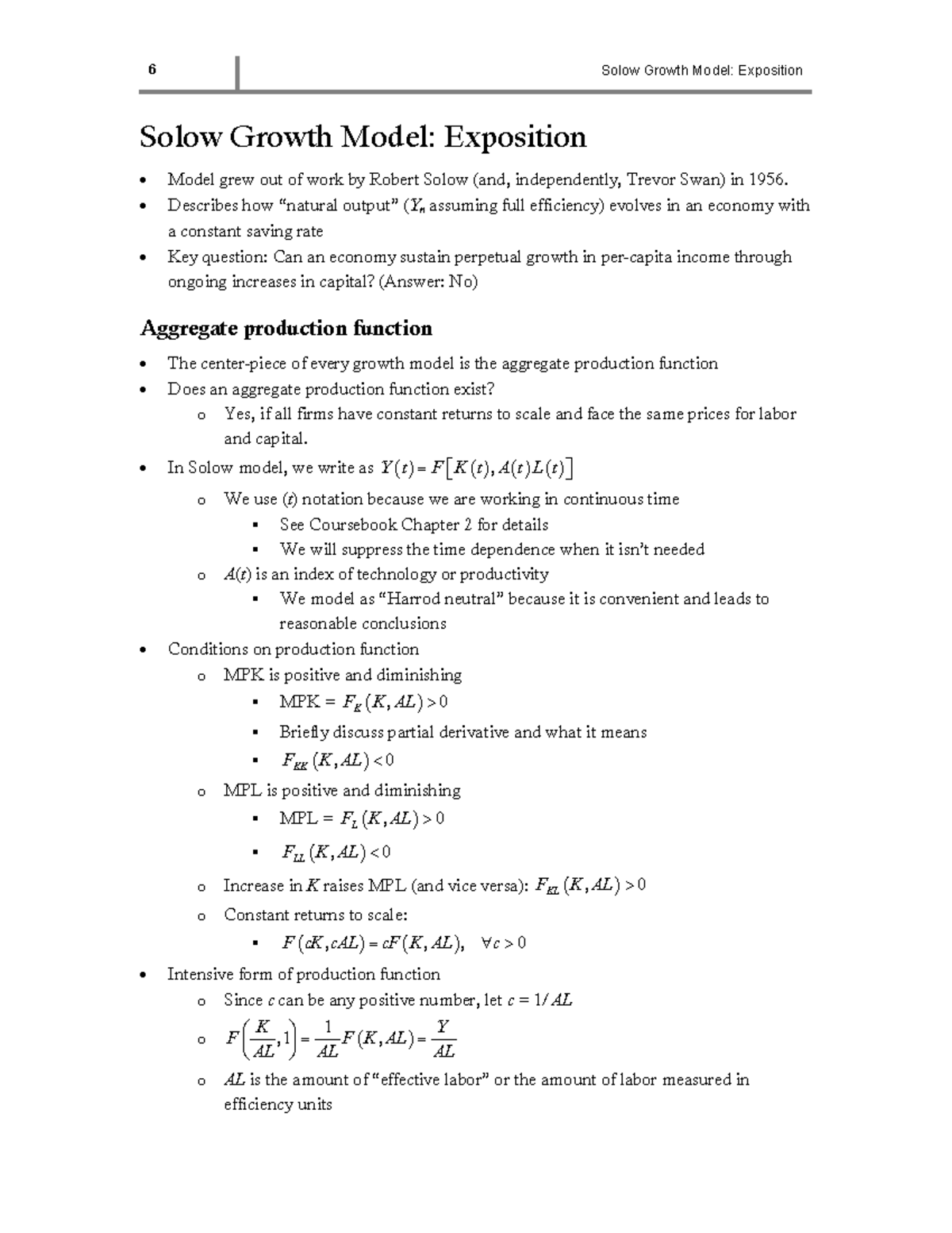 Solow Notes - 6 Solow Growth Model: Exposition Solow Growth Model ...