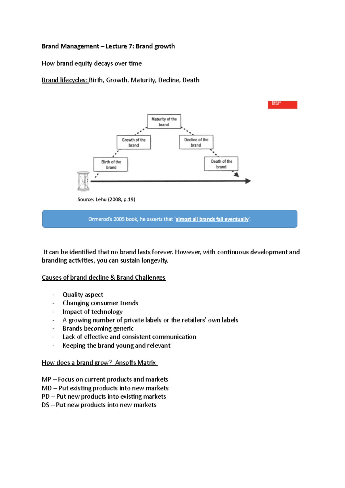 L7 - notes - Brand Management – Lecture 7: Brand growth How brand ...