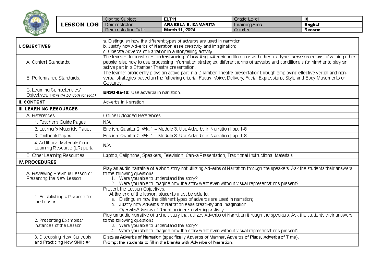 Sample Daily Lesson Plan - LESSON LOG Coarse Subject ELT11 Grade Level ...