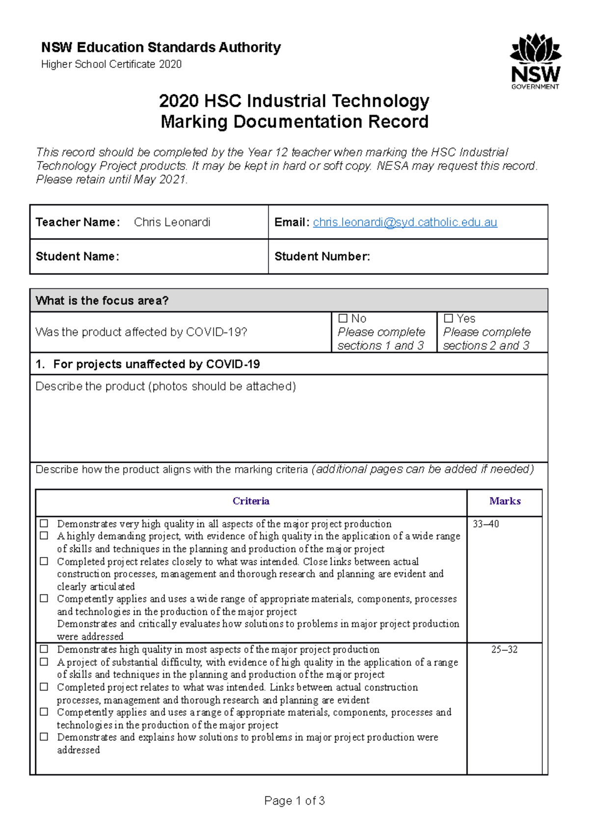 HSC Industrial Technology Marking Documentation Record - NSW Education ...